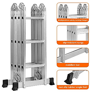 ERGOMASTER Extension Ladder 7 in 1 Aluminum Folding Step Ladders Adjustable Telescoping Multi Position Ladder for Home Stairs Roof Warehouse 330lbs（12.2 Feet）