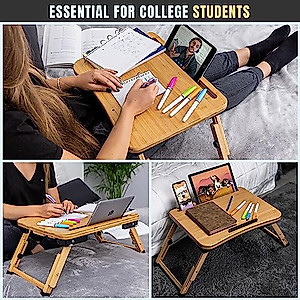 Foldable Laptop Bed Desk with Mouse Pad, Adjustable Folding Bamboo Tray Lap Stand Table for Work Breakfast College Students - Fits up to 17 Inch Laptops