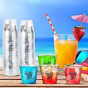 Aemygo 1 Oz Dirty 30 Shot Glasses, 100Pcs Disposable Hard Plastic Shot Cups, Dirty Thirty Birthday Party Favors Anniversary Wedding Decorations for Her and Him, Great for Whiskey