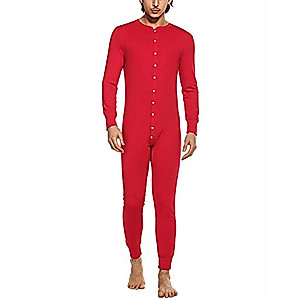HOTOUCH Round Neck Long Sleeve Onesie Pajamas Solid Button Down Jumpsuit Bodysuit Red XL