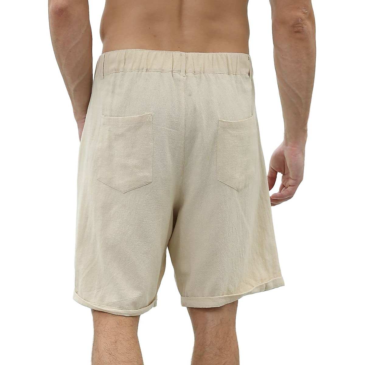 Men's Linen Casual Beach Shorts Cotton Classic Summer Shorts with Buttons Elastic Waist Khaki