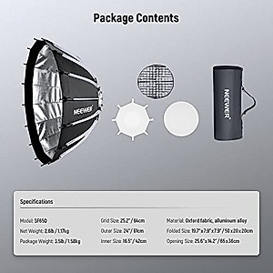 NEEWER 26inch/65cm Parabolic Softbox Quick Set up Quick Folding, with Diffusers/Honeycomb Grid/Bag, Compatible with Aputure 120d Light Dome Godox sl60w NEEWER RGB CB60 and Other Bowens Mount Lights