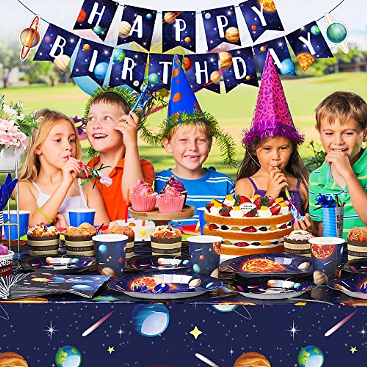 Outer Space Birthday Party Supplies Serve 24 Space Party Tableware Set Including Happy Birthday Banner Solar System Tablecloth Paper Plates Cups Napkins Knives Forks Spoons for Kids Party Decoration