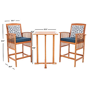 SAFAVIEH Outdoor Collection Pate Natural/ Navy Cushions/ Geometric Pattern Pillows 3-Piece Bar Table Bistro Set