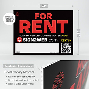 WEB ENABLED For Rent Real Estate Sign - Large 24” x 18” LASER PRINTED High Visibility For Rent Yard Sign - Double Sided House For Rent Sign - THE EVOLVED FOR RENT SIGN SOLUTION!
