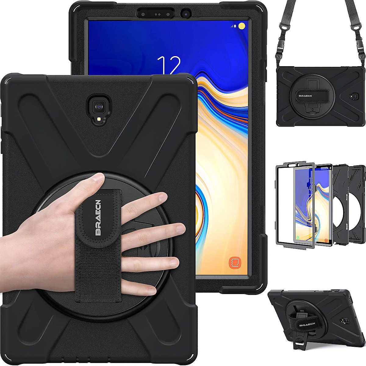 BRAECN for Galaxy Tab S4 10.5" Case,Heavy Duty Shock-Proof Case with 360 Degree Kickstand/Hand Strap and Carrying Shoulder Strap for Samsung Galaxy Tab S4 10.5 inch 2018 SM-T830/T835/T837(Black)