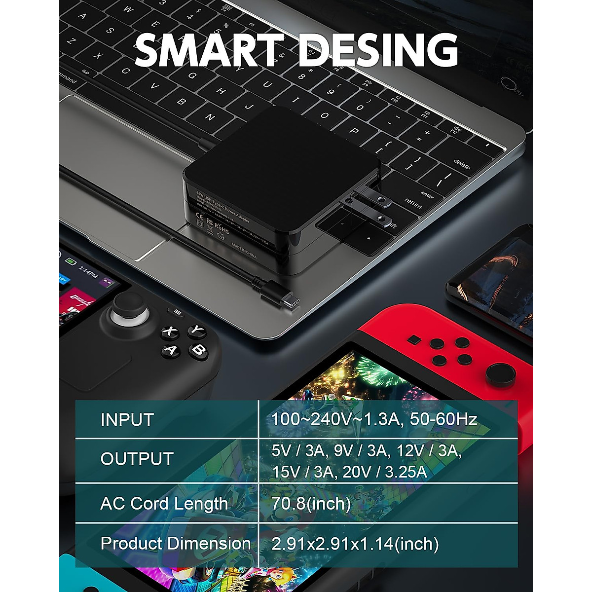 65W/45W PD Foldable Power Adapter, USB C Fast Charger for Steam Deck/Nintendo Switch/Steam Deck TV Dock Console/Switch/Lite/Phone/Tablet/Laptop