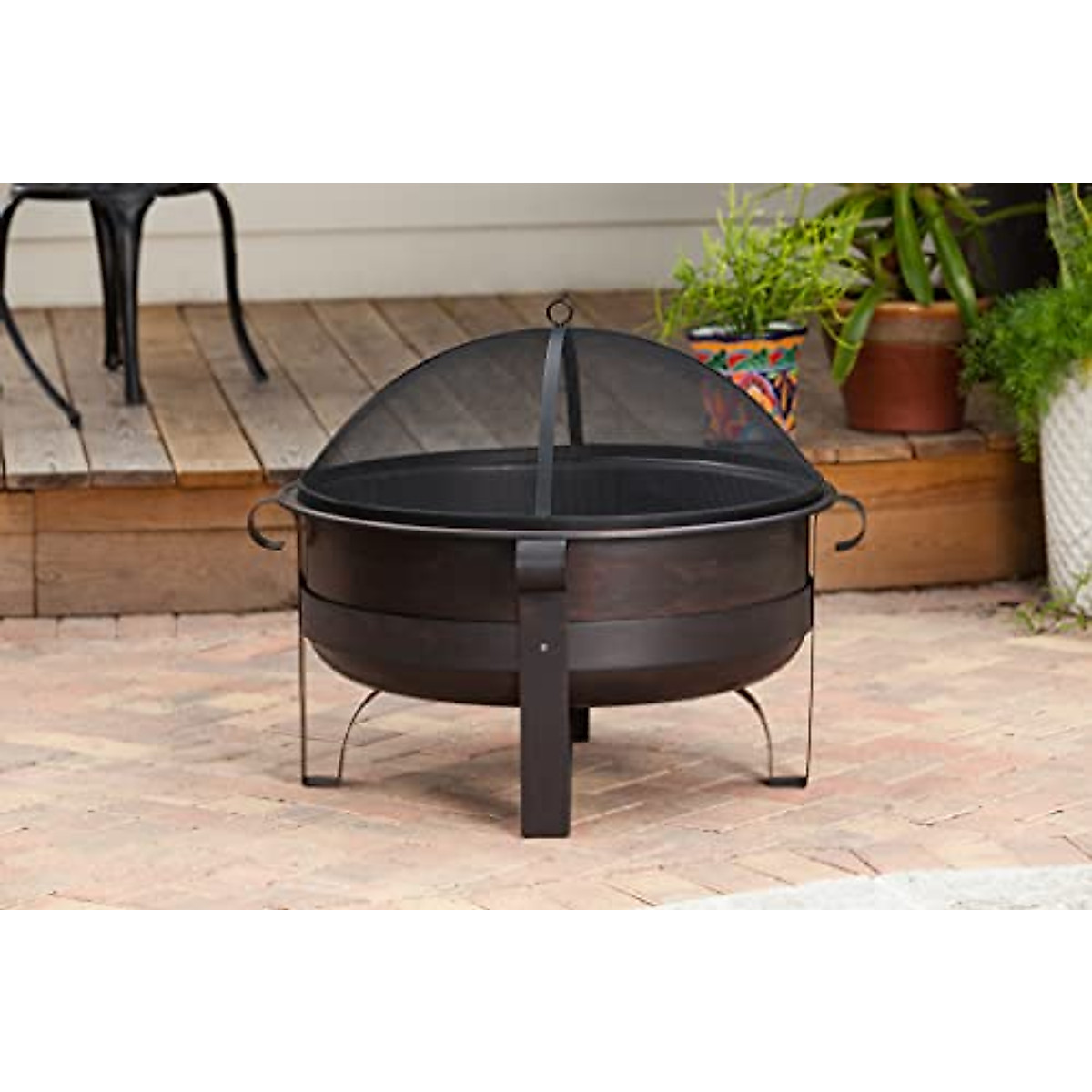 Fire Sense 62339 Fire Pit Cornell Wood Burning Unique Brushed Bronze Finish Lightweight Portable Outdoor Firepit Backyard Fireplace Included Multipurpose Screen Lifter Tool - 31"