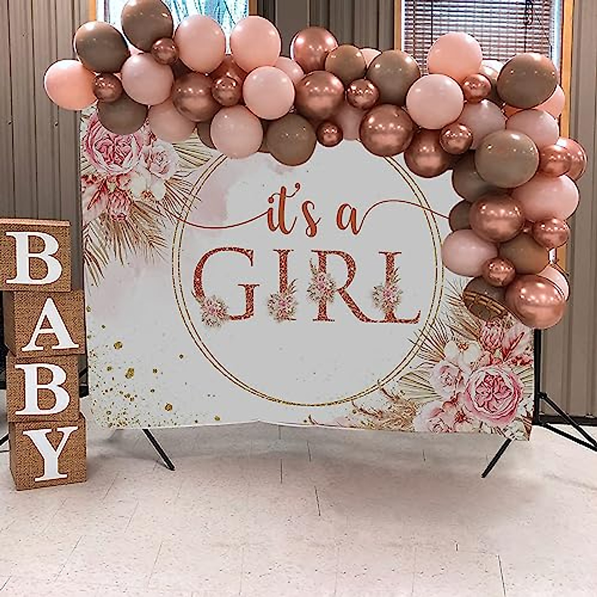 Mocsicka Boho Baby Shower Backdrop for Girl It's a Girl Pink Flowers Baby Shower Photography Background Boho Baby Shower Decorations Bohemian Baby Shower Banner (7x5ft(82x60 inch))