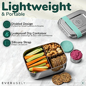 Everusely - Bento Box for Kids - Green, 6.5x4.7 / 27oz - Stainless Steel Lunch Box w/Leakproof Condiment Container - 3 Compartment Snack Box for School, Office Meals - Freezer & Dishwasher Safe