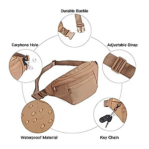 Telena Crossbody Fanny Pack for Women Men Fashion Waist Pack Belt Bag with 4-Zipper Pockets for Hiking Running Travel, Light Brown