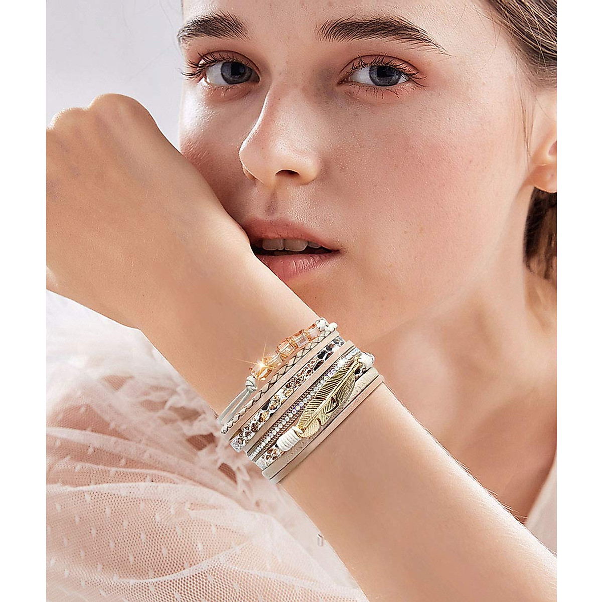 Wovanoo Leather Wrap Bracelet Set 3Pack Wrist Cuff Bracelet for Women Multilayer Magnetic Clasp Bracelet Feather Tree Bead Crystal Bracelet 3pack