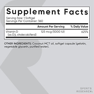 Sports Research Vitamin D3 5000 IU with Coconut MCT Oil - High Potency Vitamin D Supplement for Immune & Bone Support - Non-GMO Verified, Gluten & Soy Free – 125mcg, 360 Liquid Softgels