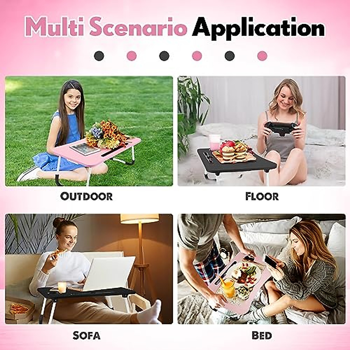 Sintuff 2 Pcs Laptop Bed Desk Foldable Lap Tray with Drawer Cup Holder Large Lap Desk Portable Bed Laptop Table for Breakfast Laptop Bed Tray for Writing Reading on Bed Low Sitting Floor (Black Pink)