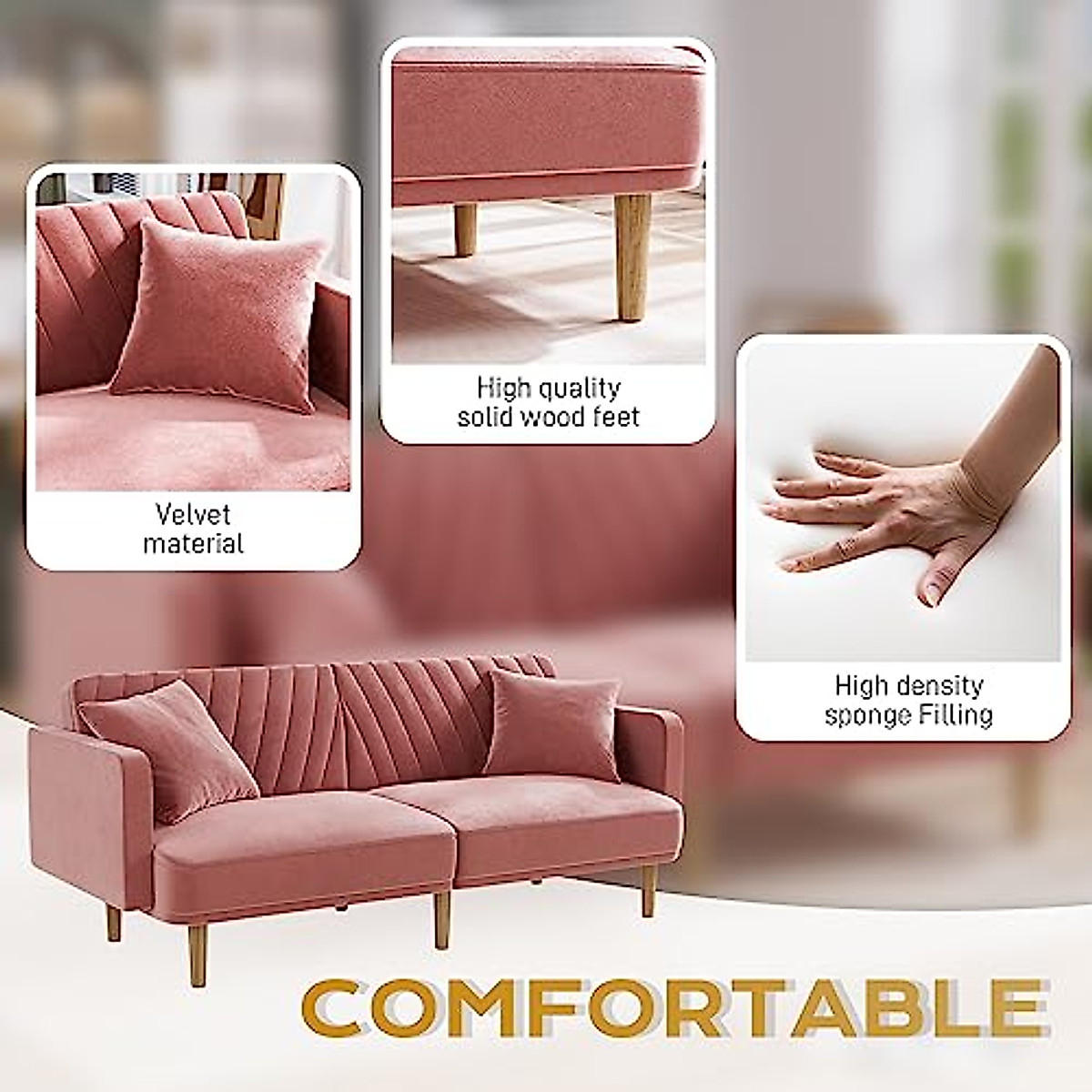 OUYESSIR Futon Sofa Bed, Convertible Sleeper Sofa with Wood Legs, 74.5“ Splitback Sofa with 2 Pillows, Velvet Futon Couch for Living Room (Rose Pink)