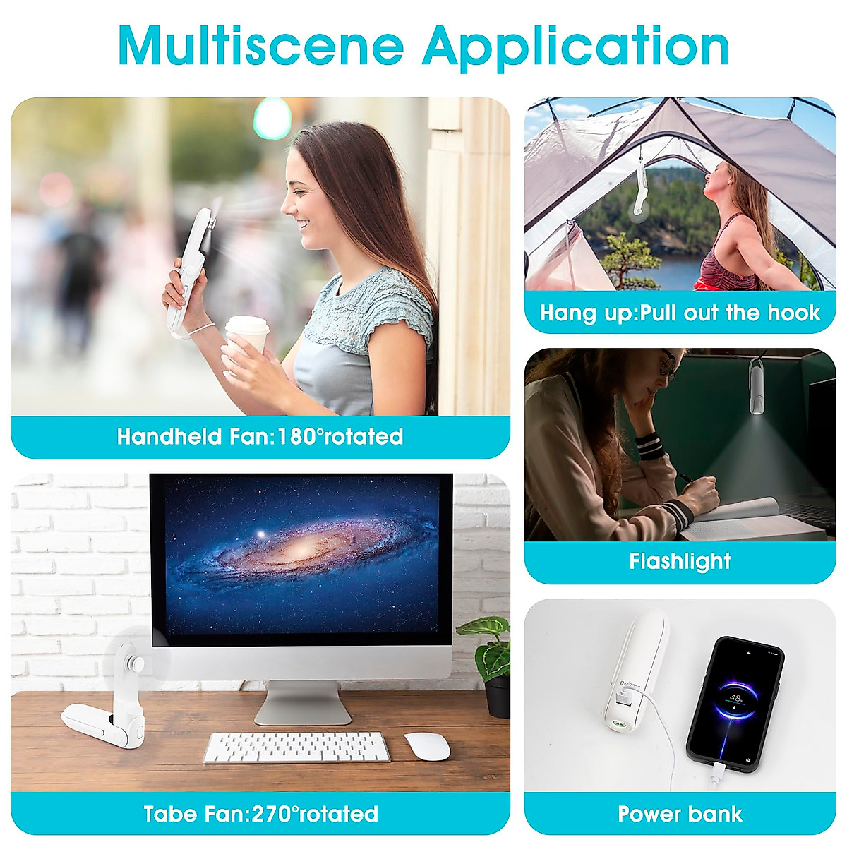 Digibond Portable Handheld Fan, Personal Fan, 6 IN 1 3000mAh Rechargeable Battery Operated Personal Fan Bullet Shape Mini Fan with Flashlight/Power Bank/Hook 3 Speed (White)