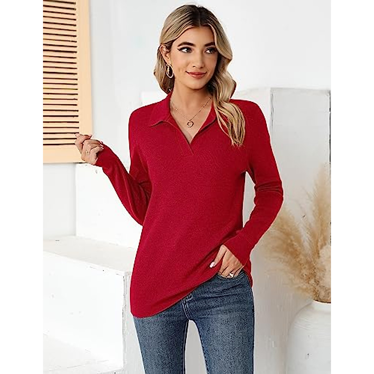 Romanstii Collared Sweaters for Women Knitted Long Sleeve V Neck Fitted Polo Shirts Trendy Winter Pullover Tops,Red,M