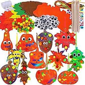 Winlyn 72 Sets Magic Color Scratch Art Fall Ornaments Decorations DIY Fall Craft Kits Scratch Paper Autumn Maple Oak Leaves Pumkins Acorns for Kids Party Favors Classroom Home Activity Art Project