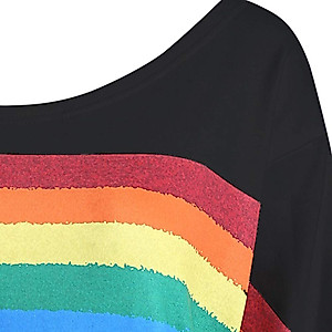 Black Sweatshirt Women Rainbow Print Tops Off Shoulder Long Sleeve t Shirt