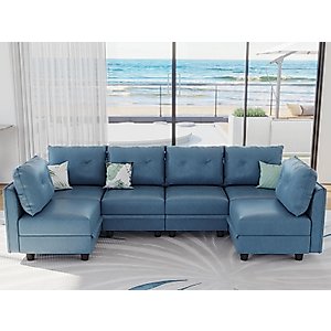 LLappuil Modular Sectional Sofa, Convertible U Shaped Sectional Couch with Storage, Modular Sectionals for Living Room, Faux Leather Fabric Waterproof Sofa, 6 Seat, Navy Blue
