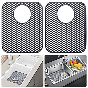 LONGFITE Sink Protector Mats 2 Pcs Silicone Kitchen Sink Mat Draining Heat Proof Mat with Rear Center Drain (Rear Drain)
