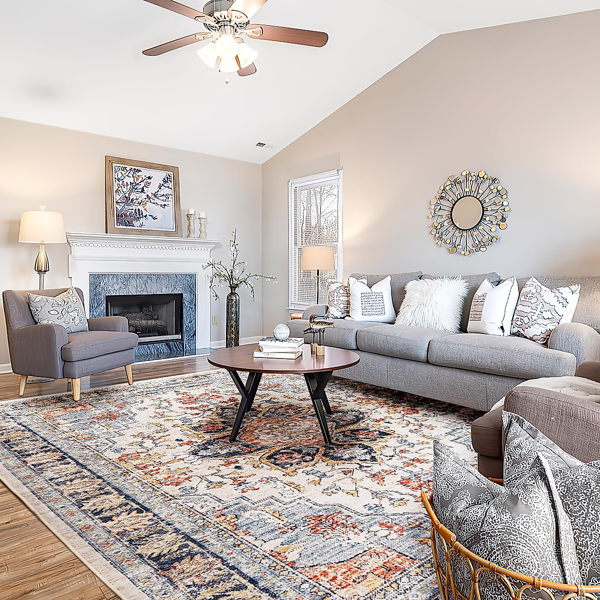 BESTSWEETIE Area Rug 8x10 Rugs for Living Room 8 x 10 Washable Rugs Non Slip Vintage Boho Living Room Rugs for Bedroom Dining Room, Distressed Floral Pattern Carpet, Beige