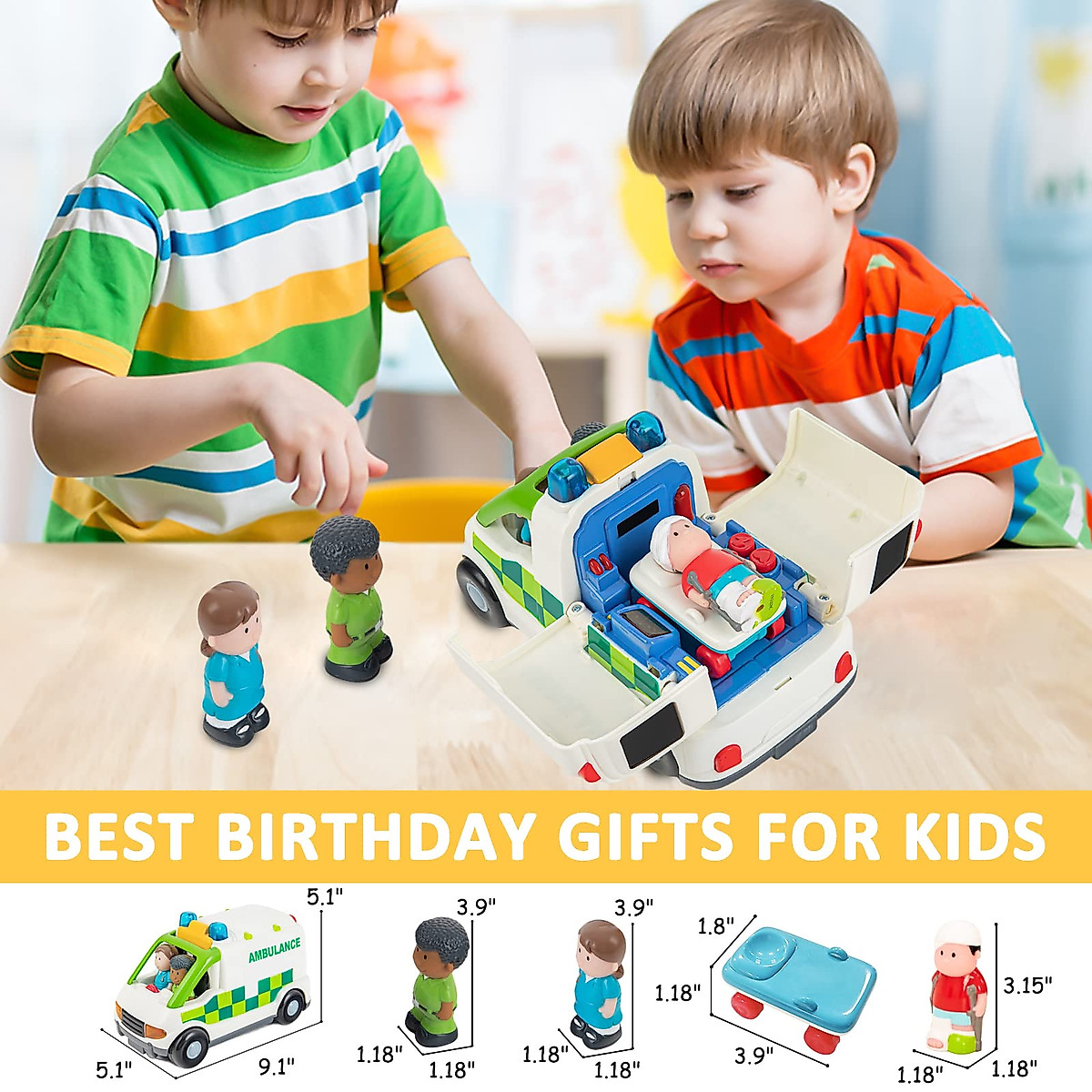 Auspint Ambulance Toys Friction Powered Vehicle with Lights and Sounds,Rescue Role Play Set,Play and Learn Toddler Toys for 1 2 3Years Old Boys Kids Toy Truck Party Birthday Gift