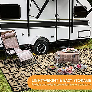 AOLEBA Reversible Outdoor Plastic Straw Rug Mat, 5'x8' Black and Beige Flower Area Rugs for Outdoor, Camping, RV, Patio, Picnic, Beach, Backyard, Deck, Trailer