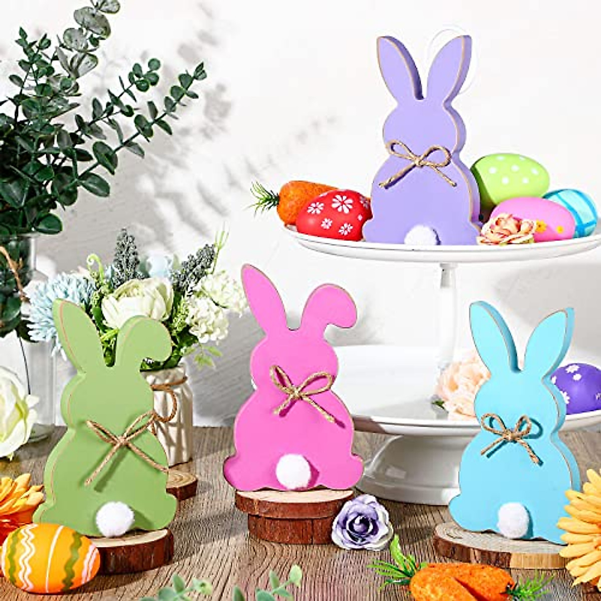 4 Pieces Easter Table Decorations Bunny Wooden Sign Spring Rabbit Wood Tabletop Block Freestanding Easter Tiered Tray Decor with Rope and Fluffy Tail Easter Decorations for Home Table Room Decor