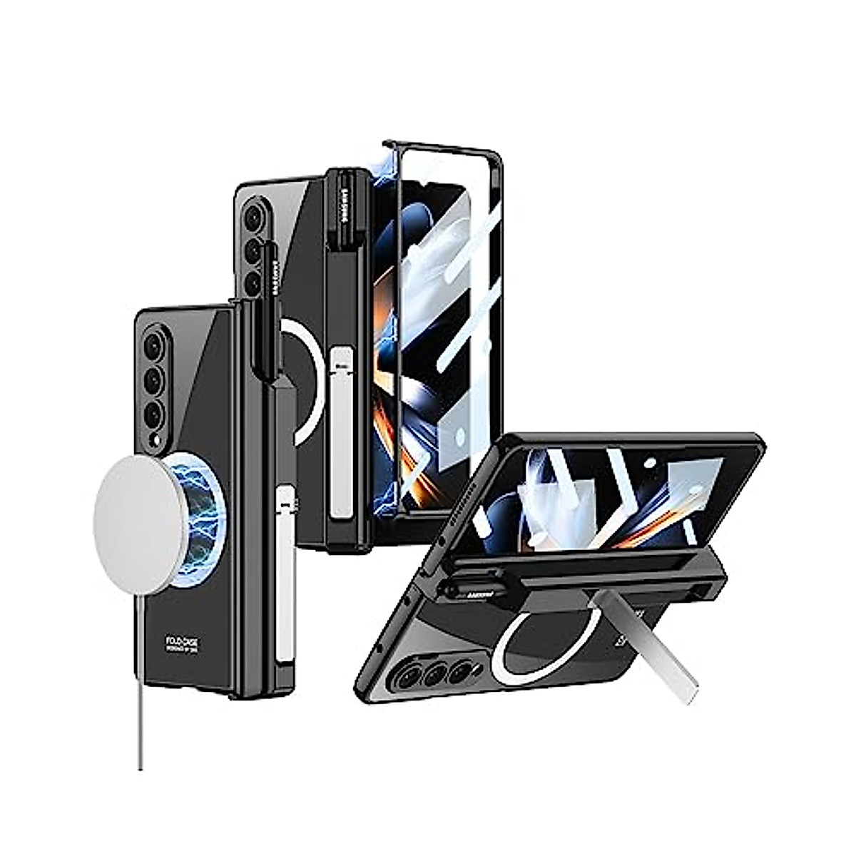 BAILI Galaxy Z Fold4 Magnetic Case,Support Magsafe and Wireless Charger for Z Fold 4,Ultra -Magnetic Suction Z Fold4 Case with Kickstand & S Pen Holder Adapts Vehicle Bracket Clear Mirror Cover Black