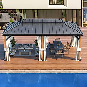 Erinnyees 12' x 20' Thickened Columns and Beams Hardtop Gazebo, Outdoor Wood Grain Frame Aluminum Gazebo, Galvanized Steel Double Roof with Netting and Curtains, for Garden, Patio, Lawns