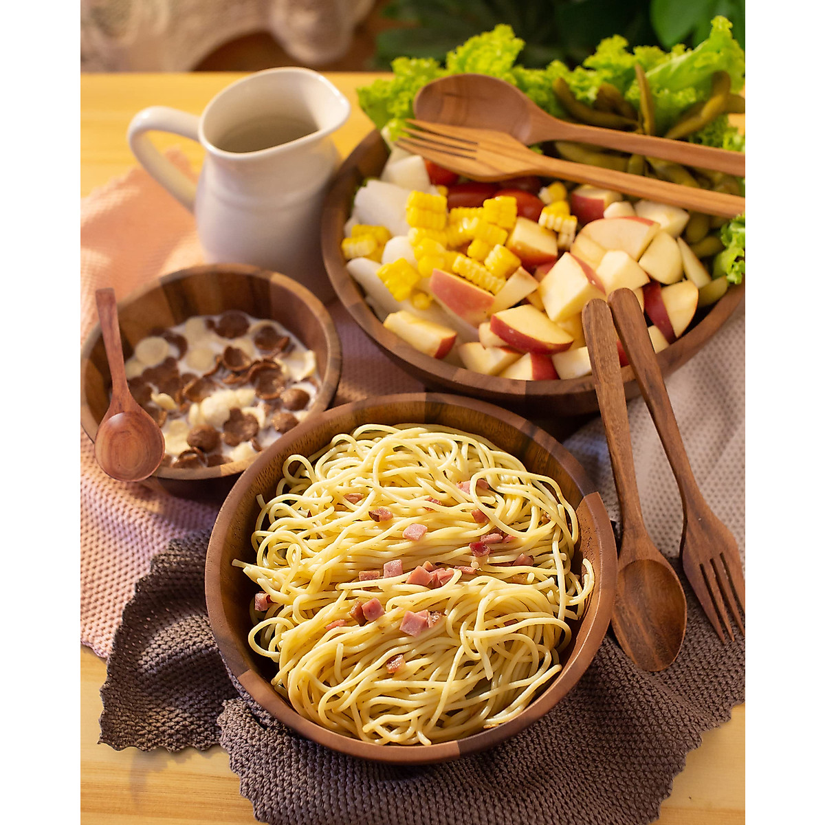 Large Acacia Wood Nesting Round Set 3 Serving Bowls 9½” 8½” 7” with Utensils Wooden Forks and Spoons Mix size Stackable Dish for Fruit Salad Vegetables Pasta Soup Cereals Decorative Wooden Nest Bowl