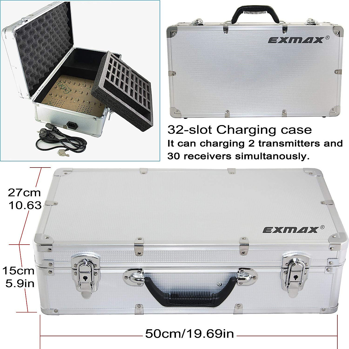 EXMAX EXD-101 2.4G Wireless Audio Tour Guide System Simultaneous Interpretation Church Courtroom Translation Assistive Listening Equipment Worship 3 Transmitters 29 Receivers & 32-slot Charging Case