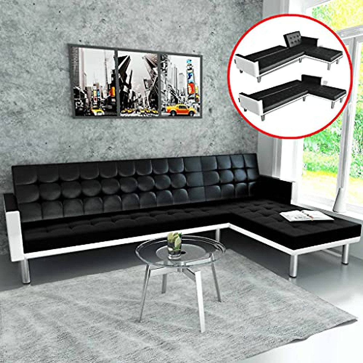 SKM L-Shaped Sofa Bed Artificial Leather Black and White-43321026