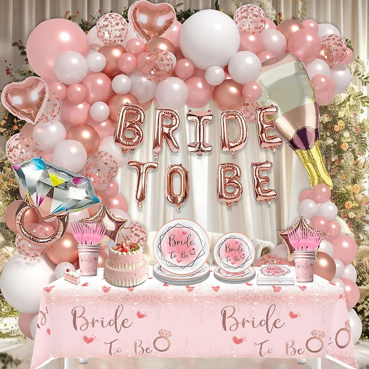 180Pcs Bachelorette Party Decorations,Pink Rose Gold Decor,Bridal Shower Party Supplies Balloon Arch,Bride To Be Party Favors Tableware Set Plates Fork Cups Napkins Tablecloth,Sash,Vail,Tiara