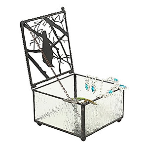 Ebros Gift Gothic Silhouette Raven Crow On Tree Branch Frosted Glass Decorative Jewelry Box 4" Wide Edgar Poe Nevermore Ravens Crows Stash Trinket Secret Box