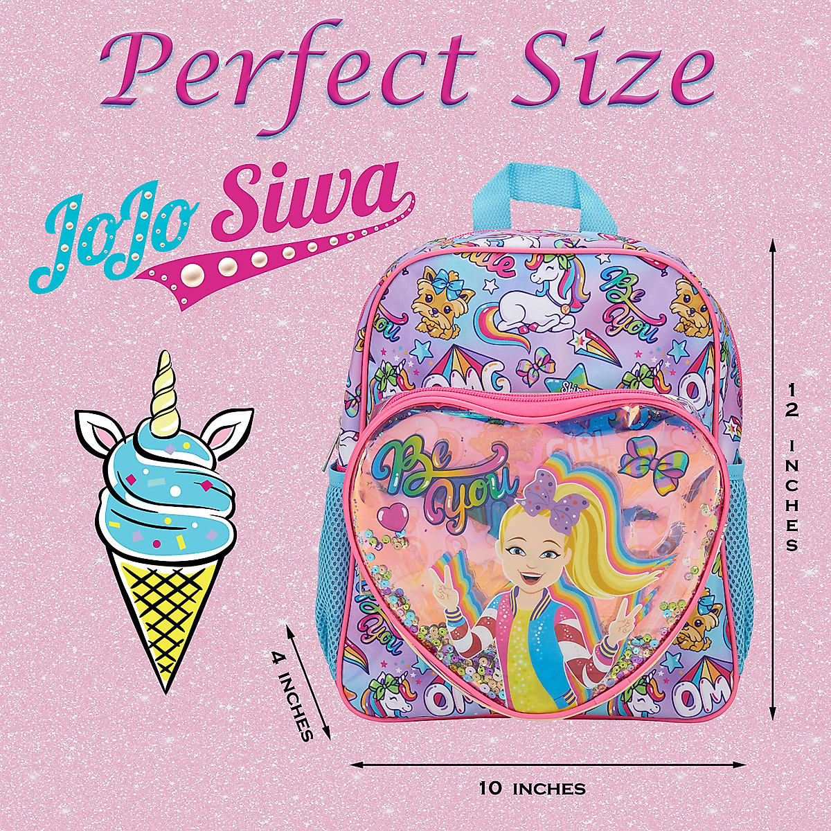 AI ACCESSORY INNOVATIONS Jojo Siwa Mini Backpack PURSE for Girls, Confetti Heart Shaped Pocket, Unicorn Print, 12” Bookbag w/Adjustable Straps