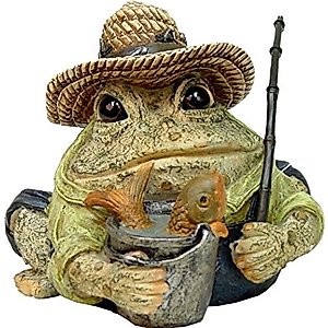 Homestyles Toad Hollow #94014 Figurine Angler Fisherman with Fish in Pail, Fishing Pole, Hat with Lures Sports Character Garden Statue Large 8.5" h Toad Figure Natural Brown