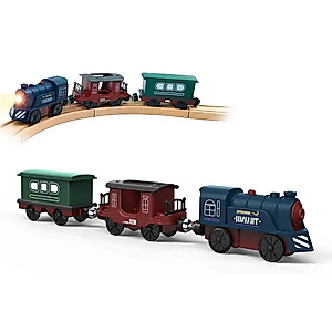 Battery Operated Train for Wooden Track, 3Pcs Train Toy Set for 3 4 5+Years old Boy Girl Toddlers, Motorized Train Accessories Electric Train Compatible with Thomas & Friends, Brio and Chuggington