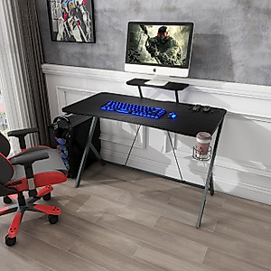 DEILALY 45IN Gaming Desk Gamer Table Carbon Fiber Surface Computer Table Gamer Desk with Monitor Shelf Office Home Study Desk Work PC Table Steel Legs Corner Desk Black
