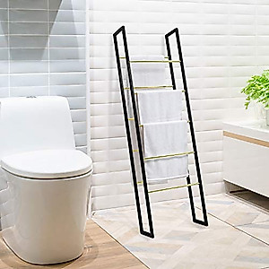 MyGift Art Deco Style Towel Ladder Rack Modern Black and Gold Tone Metal Wall Leaning Decorative Blanket Hanger Holder
