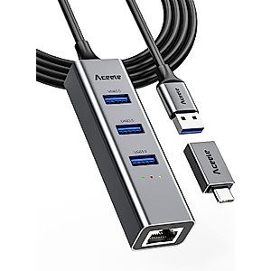 Aceele USB C to Ethernet Adapter, 3.3ft Long Cable, Aluminum USB-C Hub with 4 USB 3.0 Ports, Thunderbolt 3/USB-C to RJ45 Gigabit Ethernet LAN Network Adapter Multiport for MacBook Pro/Air, iPad Pro
