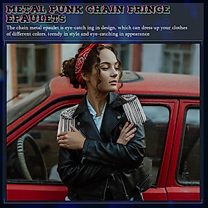 4 Pieces Metal Tassel Link Chain Epaulet Beaded Crystal Shoulder Boards Badge Punk Rivet Shoulder Jewelry Epaulettes Shoulder with Pins for Men and Women Uniform Accessories (Silver)