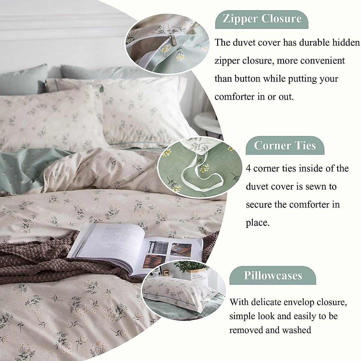 VClife Soft Cotton Queen Duvet Cover Breathable Beige Sage Green White Floral Bedding Duvet Cover for Girl Skin-Friendly Bedding Duvet Cover with Zipper Closure - 1 Duvet Cover and 2 Pillowcases