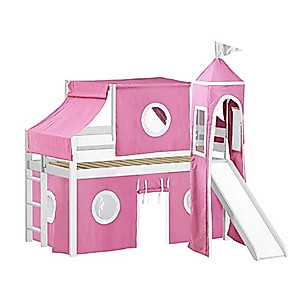 JACKPOT! Princess Low Loft Bed with Slide, Pink and White Tent and Tower, Twin, White