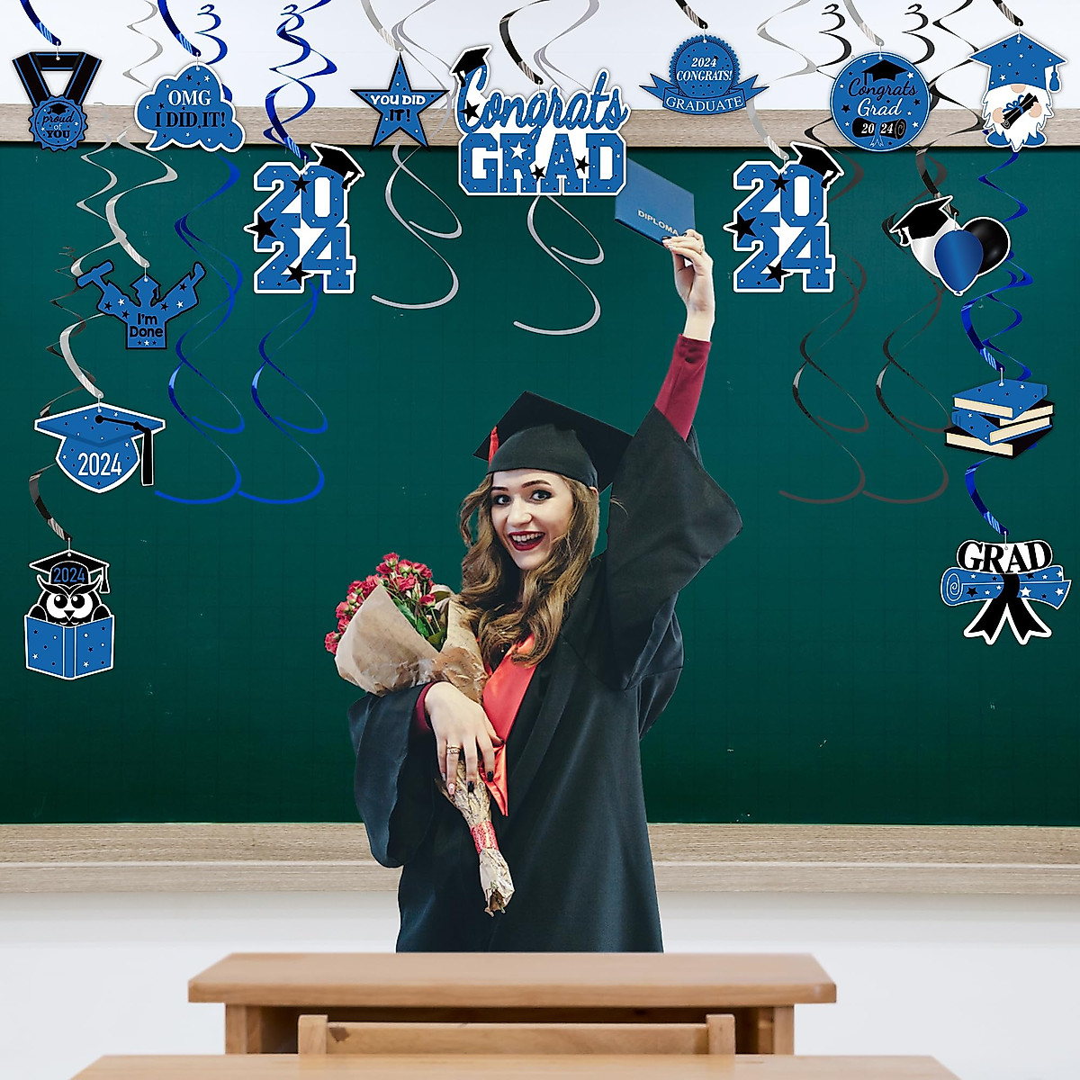 Tifeson Graduation Decorations 2024 Blue - 36 PCS Graduation Party Supplies, Congrats Grad Hanging Swirls Decorations, High School College Graduation Party Decorations Class of 2024 Decor