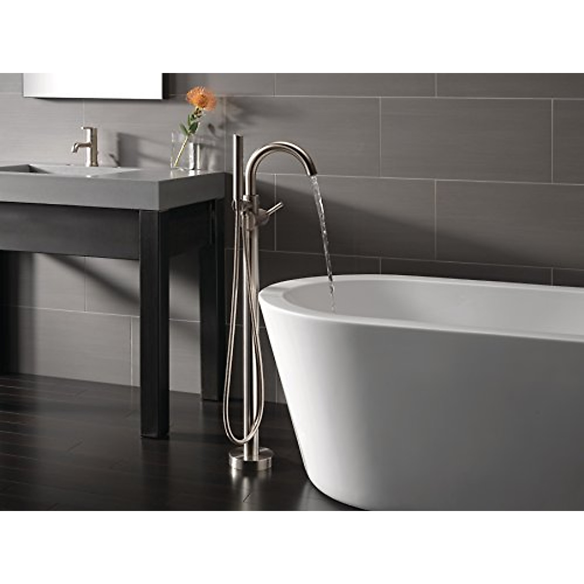 Delta Faucet Trinsic Floor-Mount Freestanding Tub Filler with Hand Held Shower, Stainless T4759-SSFL (Valve Not Included)