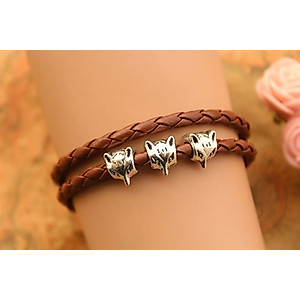 Fox Bracelet,Cute Fox Head Charm Bracelet,Brown Leather Rope Bracelet,Birthday Gift