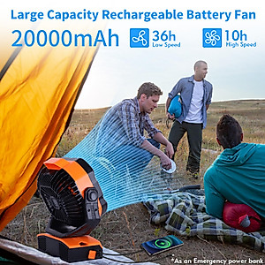 20000mAh Camping Fan Oscillating Fan Portable Fan Battery Powered Fan Rechargeable Camping Fan essentials Tent Fan Light Hook 270° Pivot Stepless Speed Battery Operated Fan USB Desk Outdoor Fan