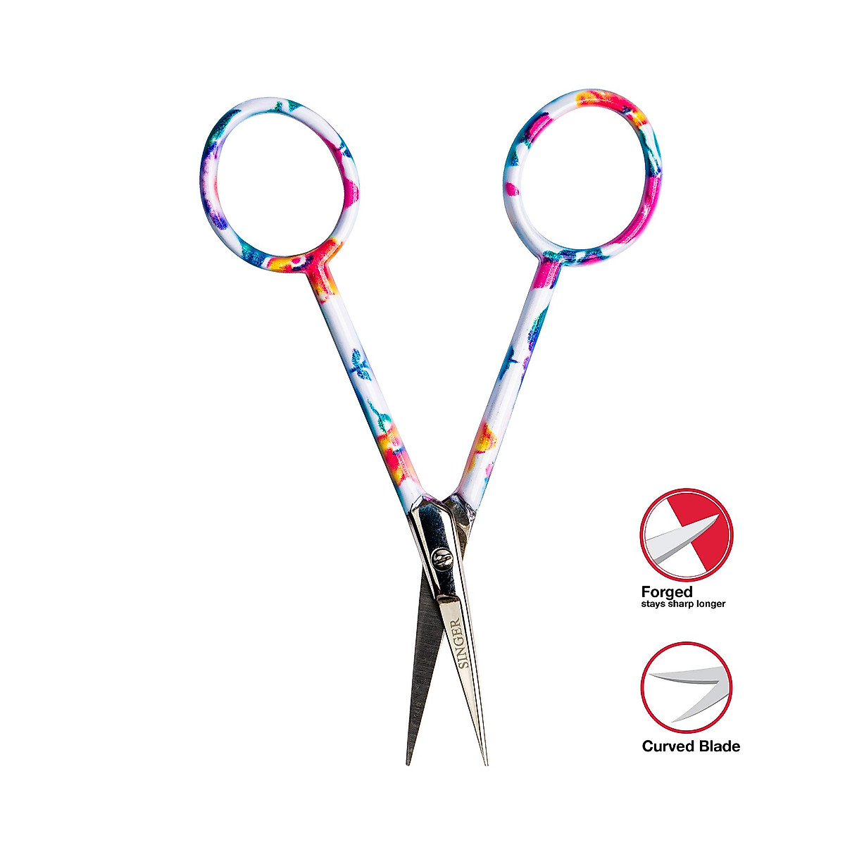 SINGER 4 Inch Forged Embroidery Scissors with Curved Tip for Sewing, Cross-Stitching, Crafts, & More (White Floral & Pastel Print, 2-Pack)